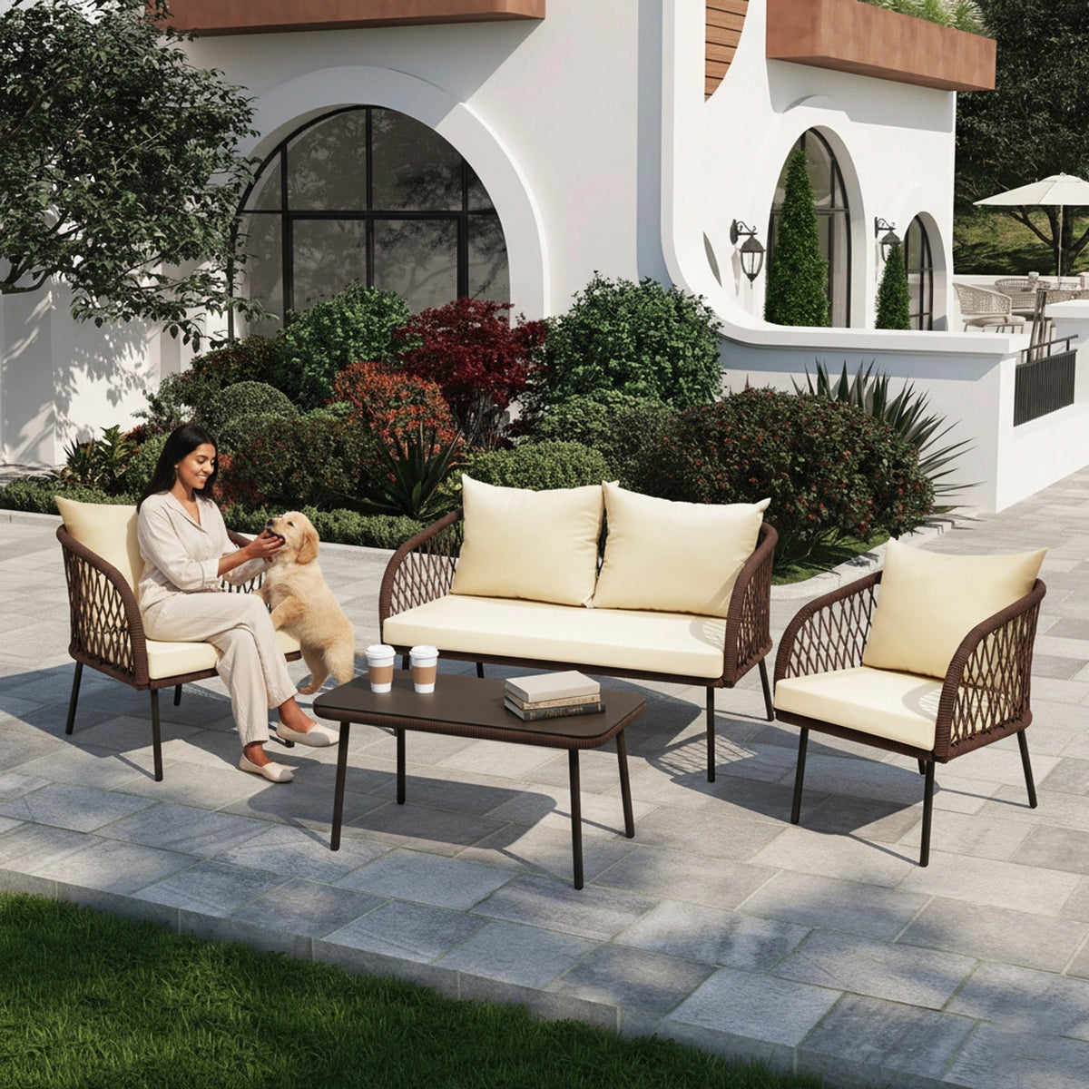 Outdoor Rope 4-Seater Sofa Set with Glass Top Table (Brown & Cream ...