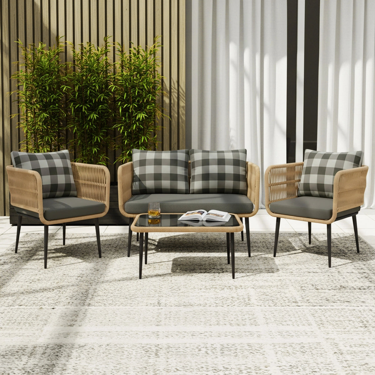 Outdoor 4-Seater Rope Conversation Set(Beige & Dark Grey) – Devoko